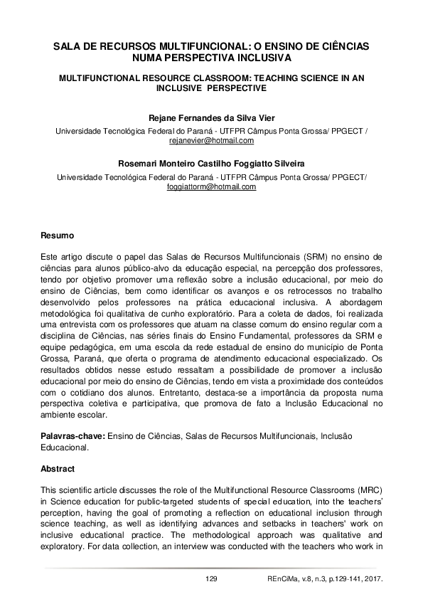 (PDF) Sala De Recursos Multifuncional: O Ensino De Ciências Numa Perspectiva Inclusiva