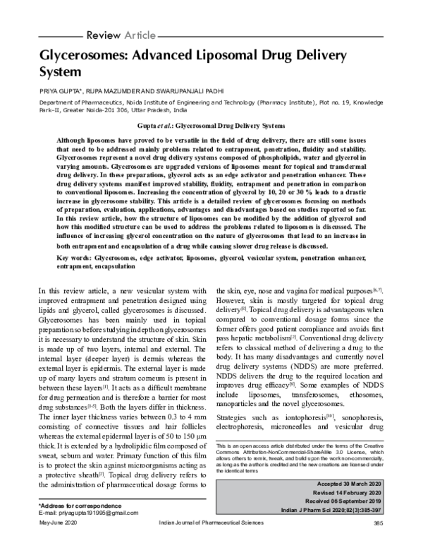 (PDF) Glycerosomes: Advanced Liposomal Drug Delivery System