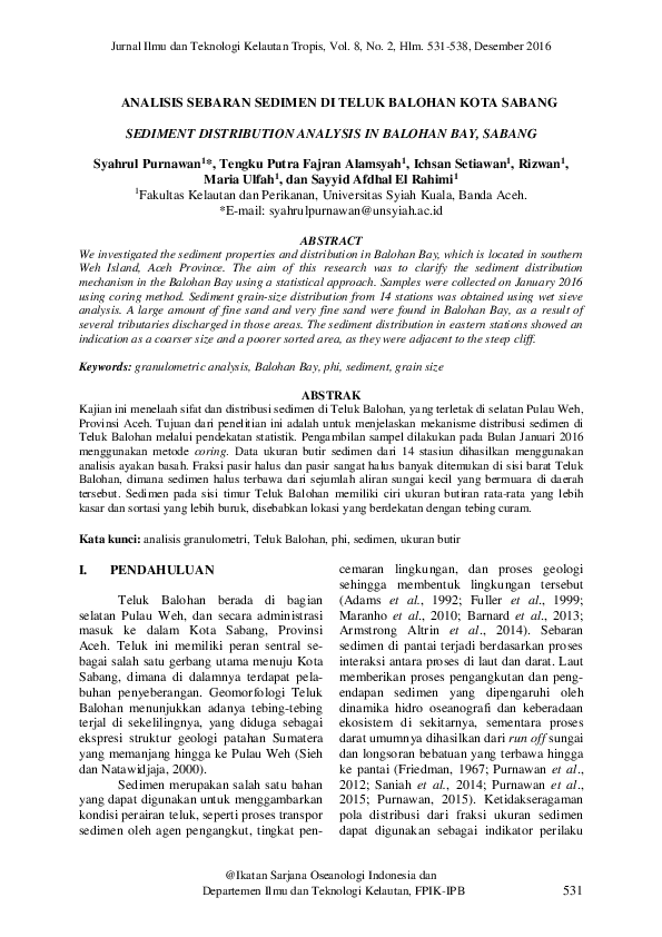 (PDF) Sediment Distribution Analysis in Balohan Bay, Sabang