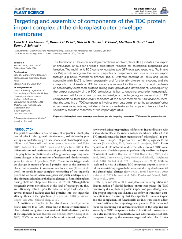 (PDF) Targeting and assembly of components of the TOC protein import ...