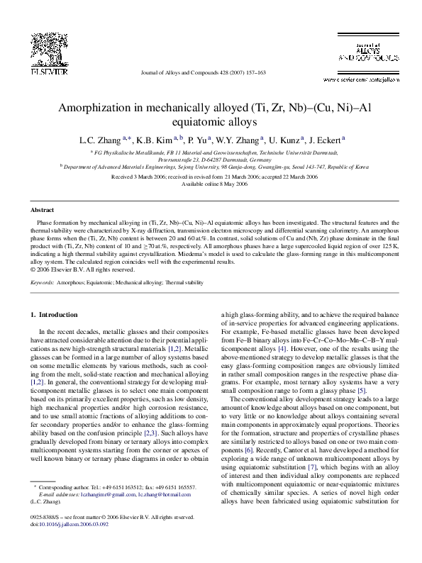 (PDF) Amorphization in mechanically alloyed (Ti, Zr, Nb)–(Cu, Ni)–Al equiatomic alloys