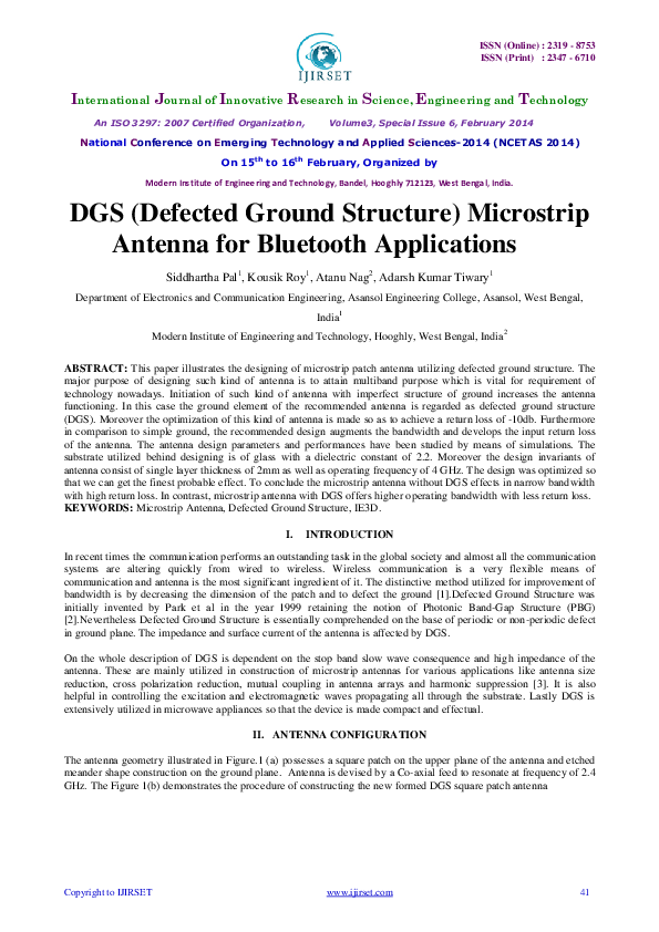 Pdf Dgs Defected Ground Structure Microstripantenna For Bluetooth Applications