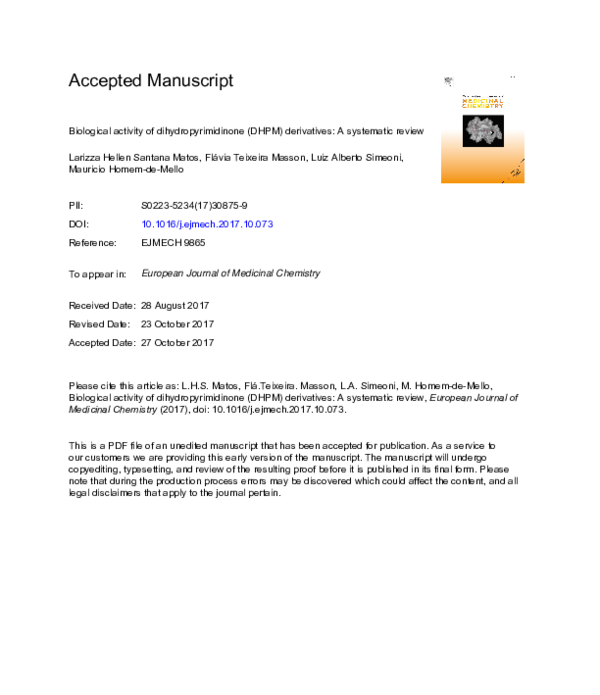 (PDF) Biological activity of dihydropyrimidinone (DHPM) derivatives: A ...