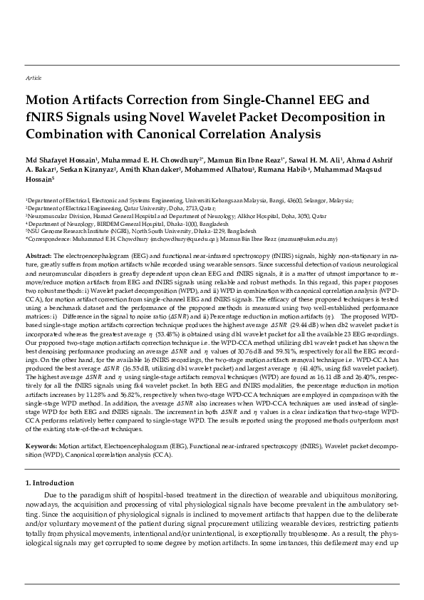 (PDF) Motion Artifacts Correction from Single-Channel EEG and fNIRS Signals Using Novel Wavelet ...