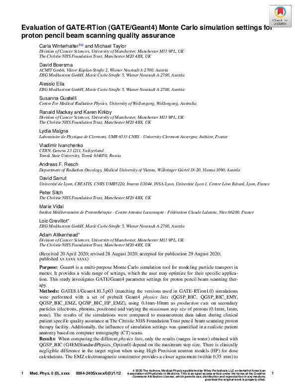 (PDF) Evaluation of GATE‐RTion (GATE/Geant4) Monte Carlo simulation settings for proton pencil ...