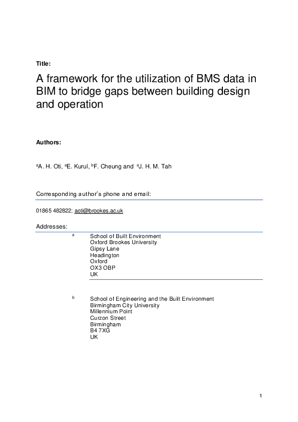 Pdf Title A Framework For The Utilization Of Bms Data In Bim To Bridge Gaps Between Building