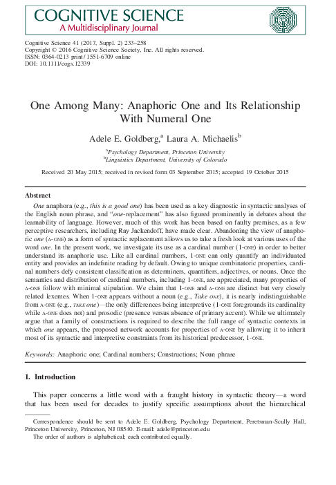 (PDF) One Among Many: Anaphoric One and Its Relationship With Numeral One