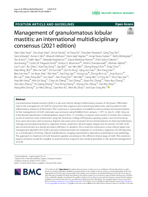 (PDF) Management of granulomatous lobular mastitis: an international ...