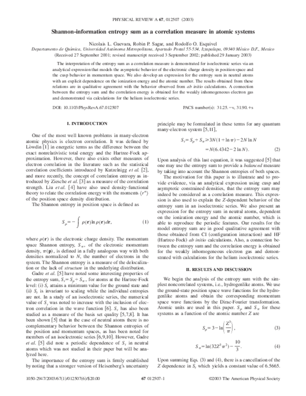 Pdf Shannon Information Entropy Sum As A Correlation Measure In