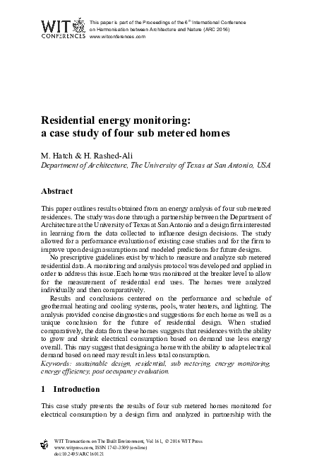 (PDF) Residential energy monitoring: a case study of four sub metered homes