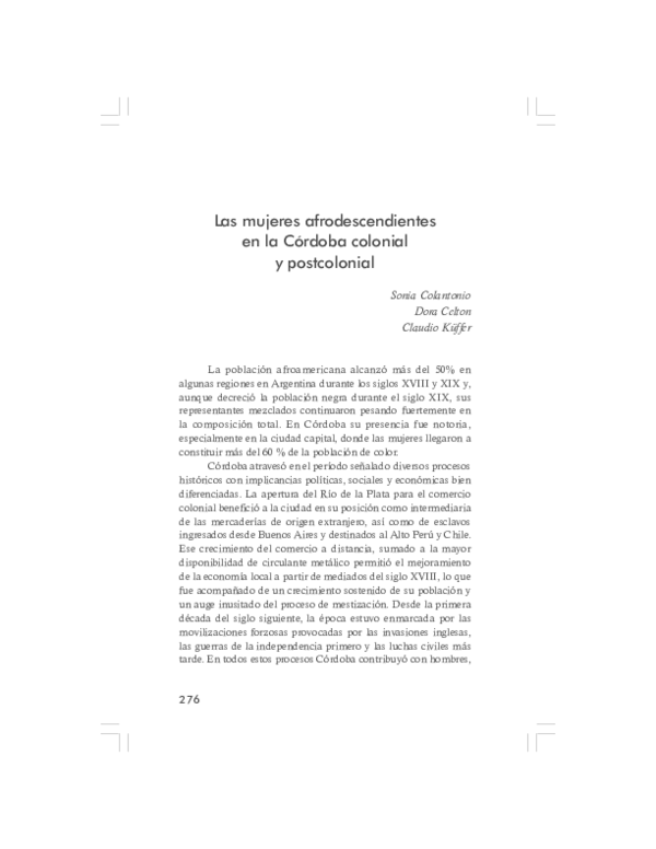 (PDF) Las mujeres afrodescendientes en la Córdoba colonial y postcolonial