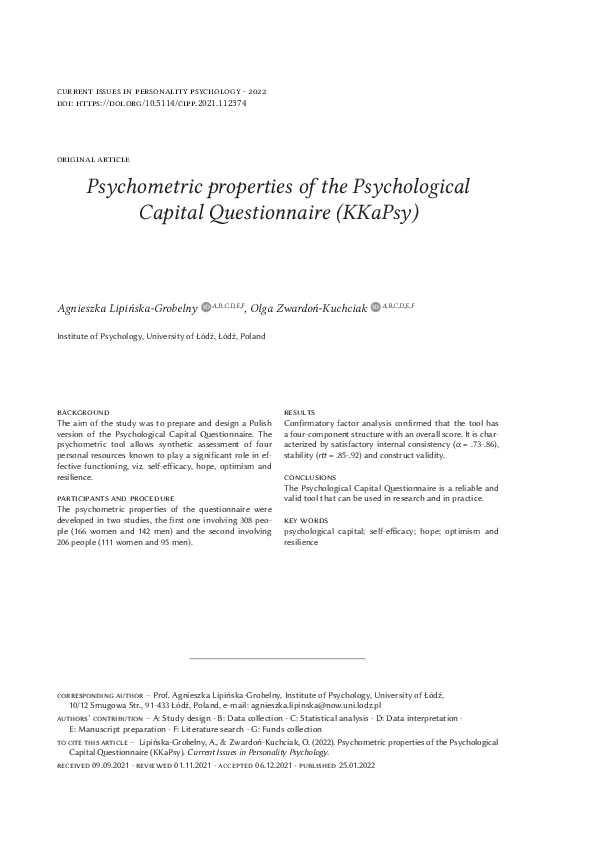 (PDF) Psychometric properties of the Psychological Capital ...