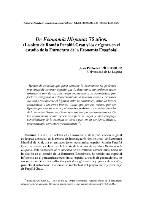 (PDF) De Economía Hispana": 75 años. (La obra de Román Perpiñá Grau y ...