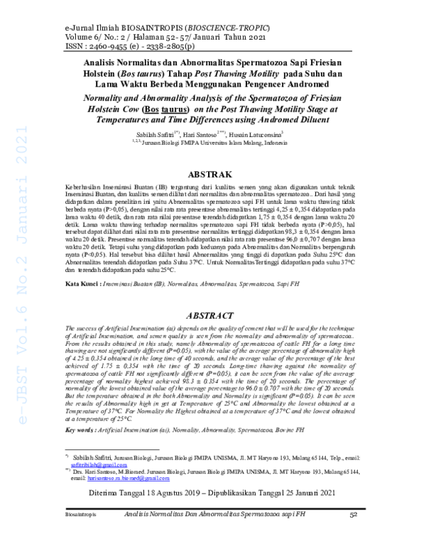 (PDF) Analisis Normalitas dan Abnormalitas Spermatozoa Sapi Friesian ...