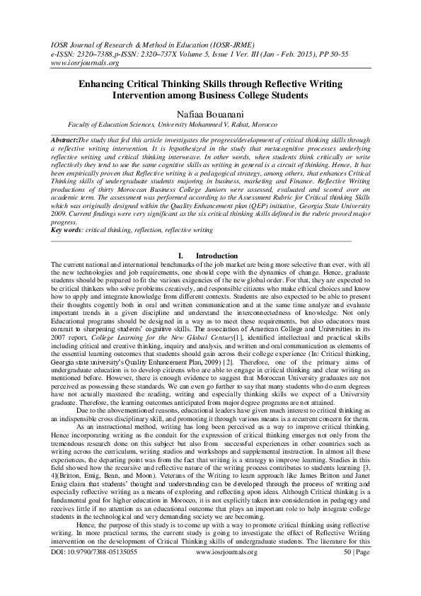 (PDF) Enhancing Critical Thinking Skills through Reflective Writing ...