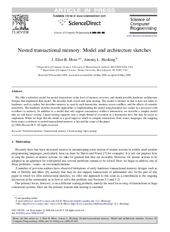 Pdf Nested Transactional Memory Model And Architecture Sketches 0900