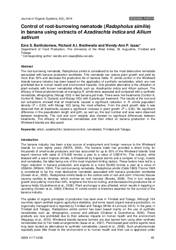 (PDF) Control of root-burrowing nematode (Radopholus similis) in banana ...