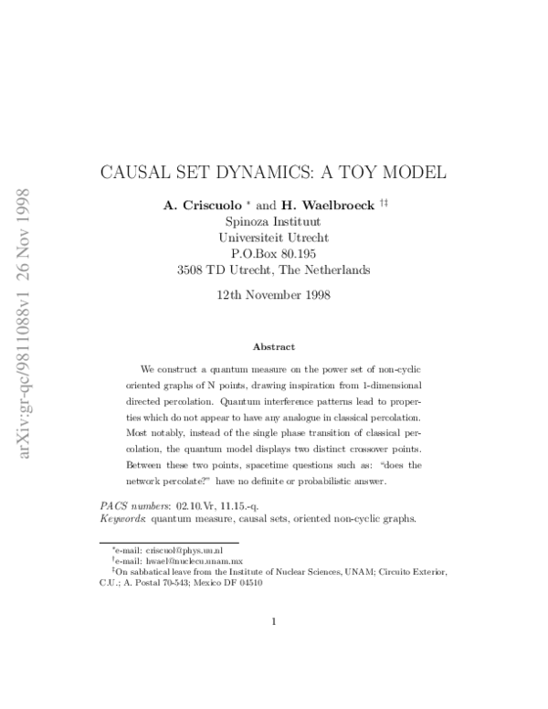 (PDF) Causal set dynamics: a toy model | henri waelbroeck - Academia.edu