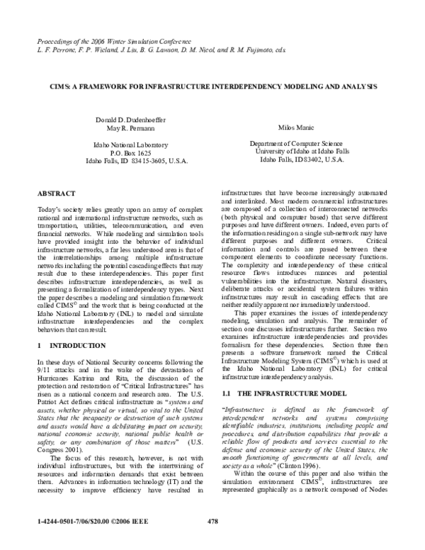(PDF) CIMS: A Framework for Infrastructure Interdependency Modeling and Analysis