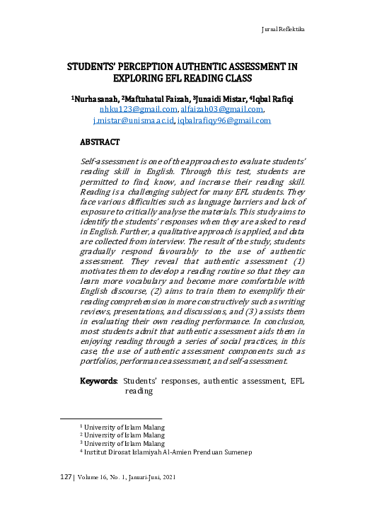 (PDF) Students’ Perception Authentic Assessment in Exploring Efl ...