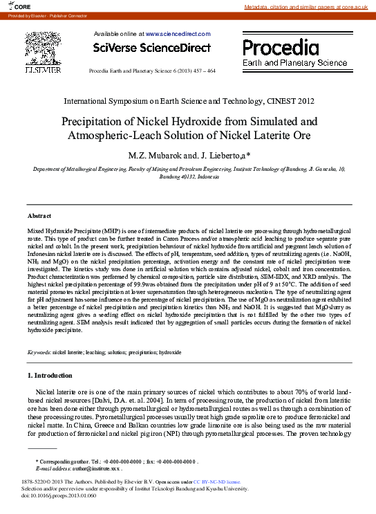 (PDF) Precipitation of Nickel Hydroxide from Simulated and Atmospheric ...