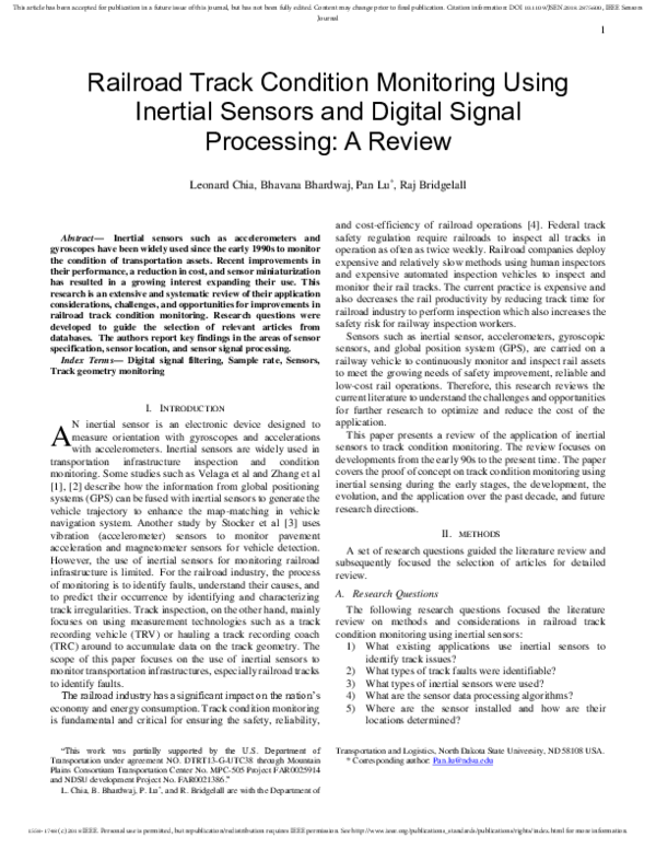 (PDF) Railroad Track Condition Monitoring Using Inertial Sensors and Digital Signal Processing ...