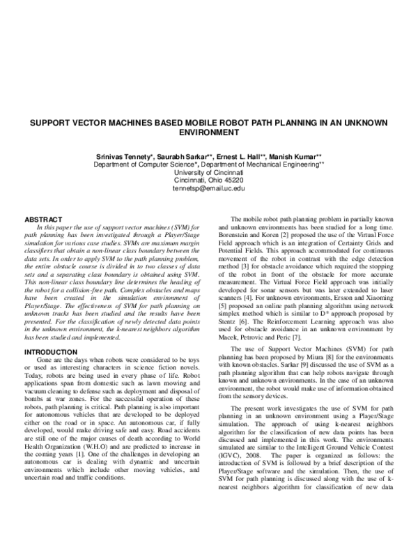 (PDF) Support Vector Machines Based Mobile Robot Path Planning in an Unknown Environment ...