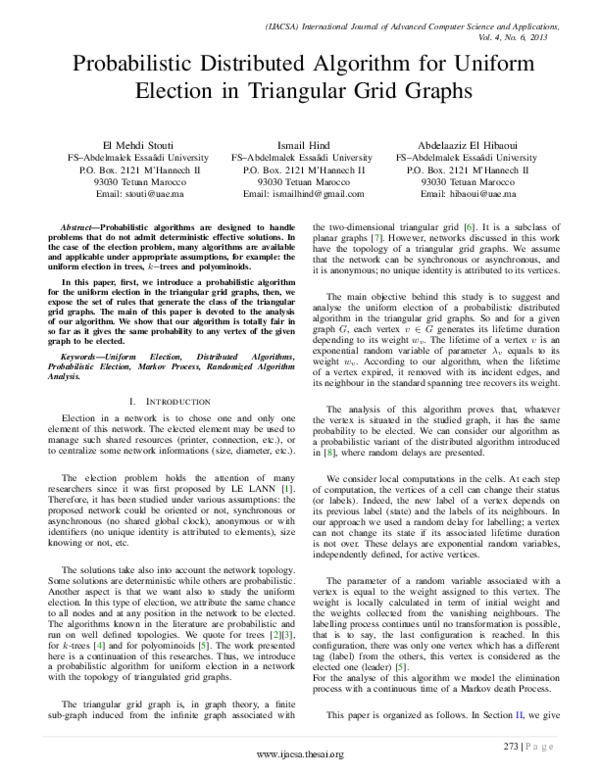 (PDF) Probabilistic Distributed Algorithm for Uniform Election in Triangular Grid Graphs ...