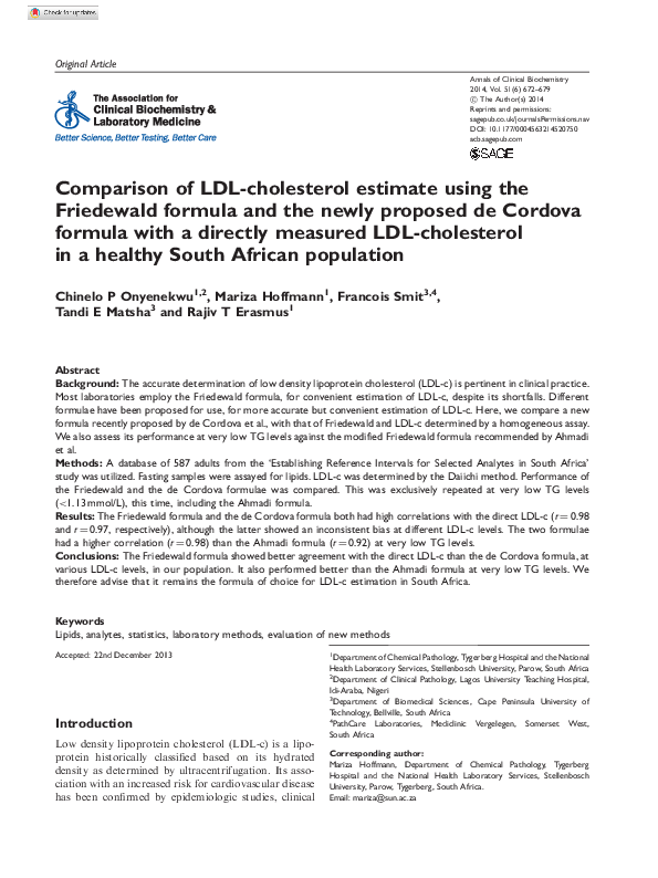 (PDF) Comparison of LDL-cholesterol estimate using the Friedewald ...