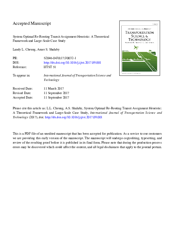 Pdf System Optimal Re Routing Transit Assignment Heuristic A Theoretical Framework And Large