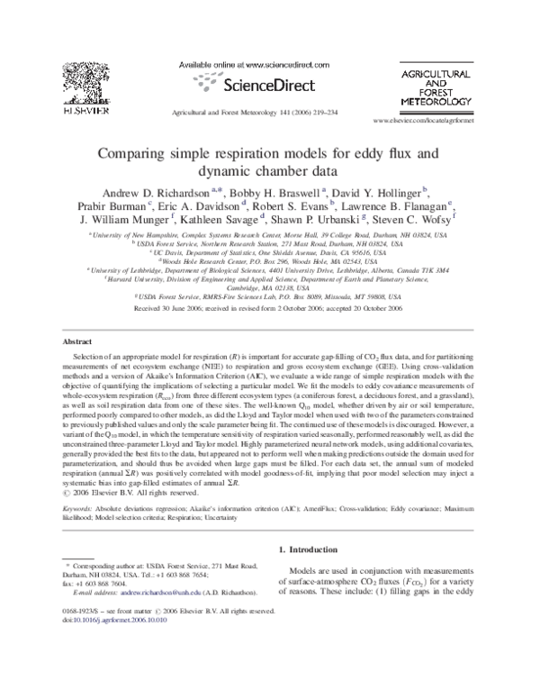 Pdf Comparing Simple Respiration Models For Eddy Flux And Dynamic Chamber Data