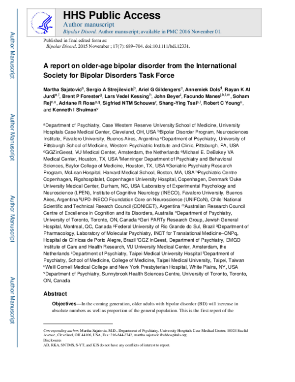 (PDF) A report on older-age bipolar disorder from the International ...