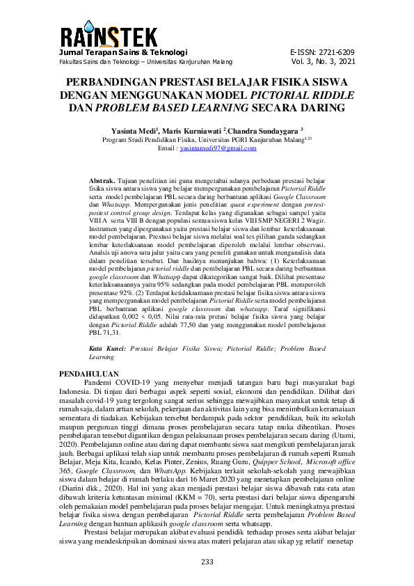 (PDF) Perbandingan Prestasi Belajar Fisika Siswa Dengan Menggunakan Model Pictorial Riddle Dan ...
