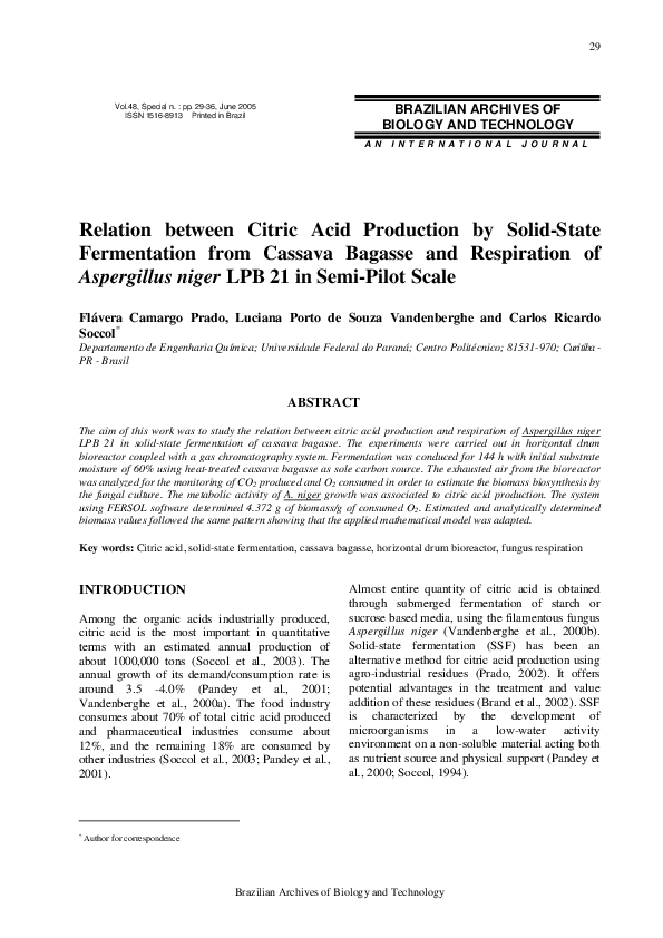 (PDF) Relation between citric acid production by solid-state fermentation from cassava bagasse ...