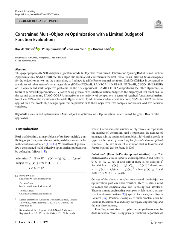 (PDF) Constrained Multi-Objective Optimization with a Limited Budget of Function Evaluations
