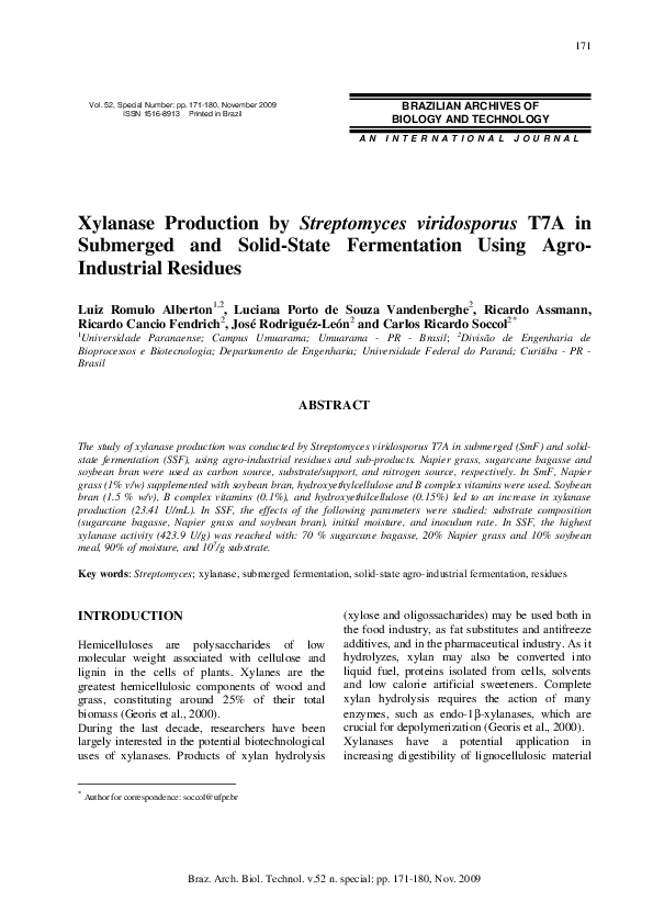 (PDF) Xylanase production by Streptomyces viridosporus T7A in submerged and solid-state ...