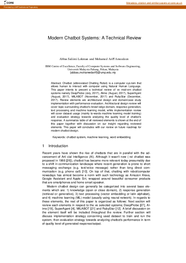 (PDF) Modern Chatbot Systems: A Technical Review