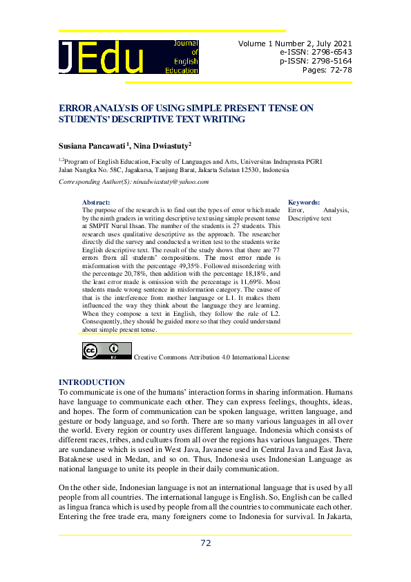 (PDF) Error Analysis of Using Simple Present Tense on Students’ Descriptive Text Writing