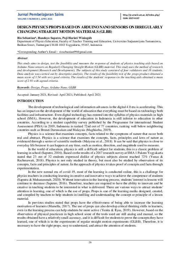 (PDF) Design Physics Props Based on Arduino Nano Sensors on Irregularly Changing Straight Motion ...