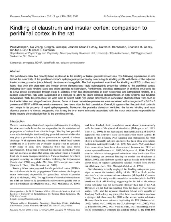 (PDF) Kindling of claustrum and insular cortex: comparison to ...