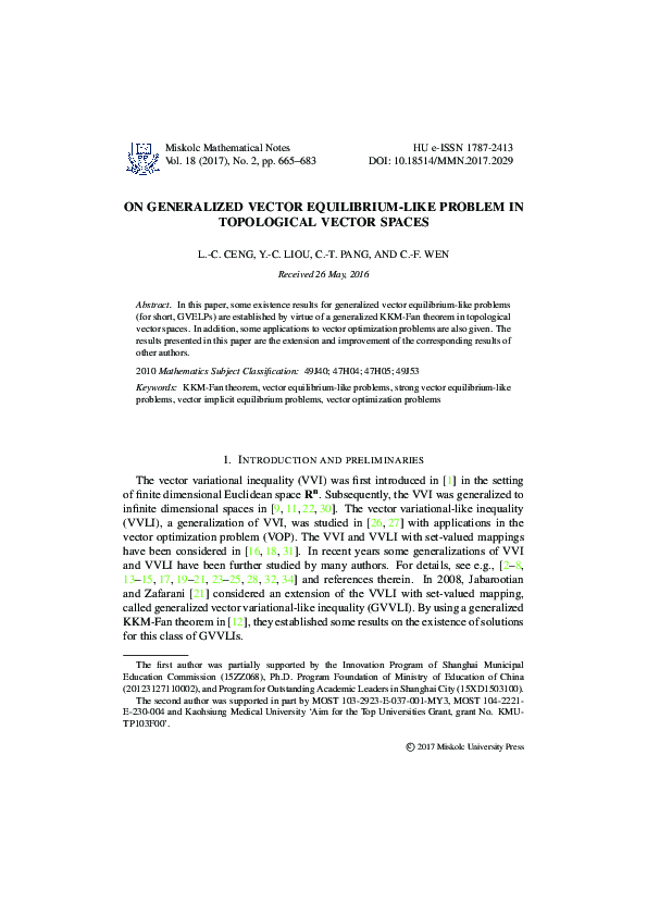 (PDF) On generalized vector equilibrium-like problem in topological vector spaces | Yeong-cheng ...