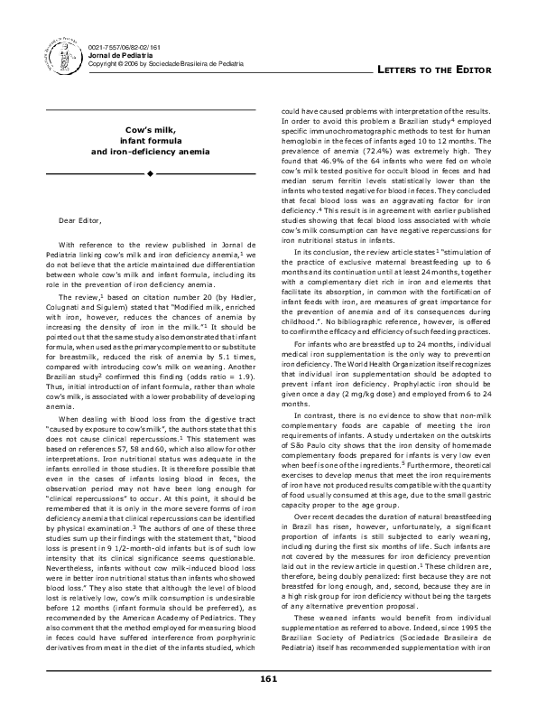 (PDF) Cow's milk, infant formula and iron-deficiency anemia