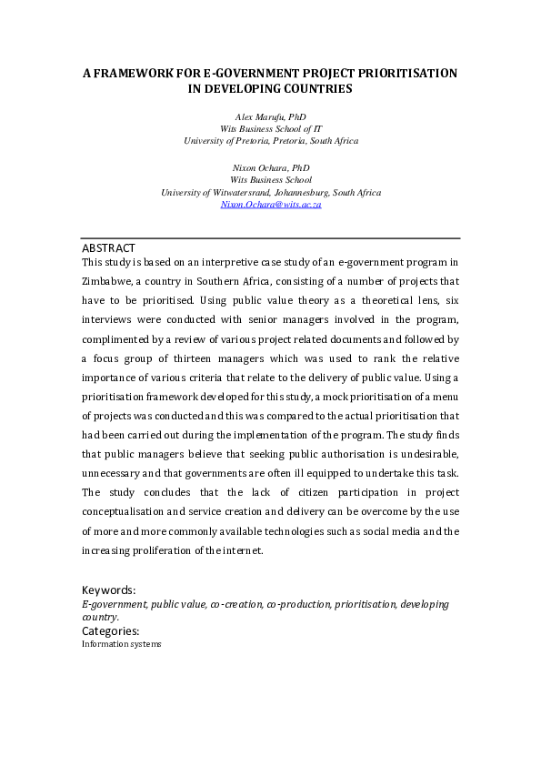 (PDF) A FRAMEWORK FOR E-GOVERNMENT PROJECT PRIORITISATION IN DEVELOPING ...