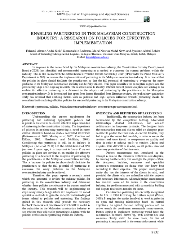 (PDF) Enabling partnering in the Malaysian construction industry: A ...