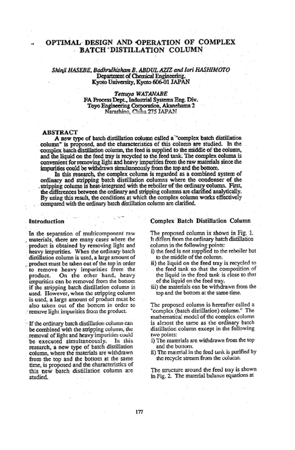 Pdf Optimal Design And Operation Of Complex Batch Distillation Column