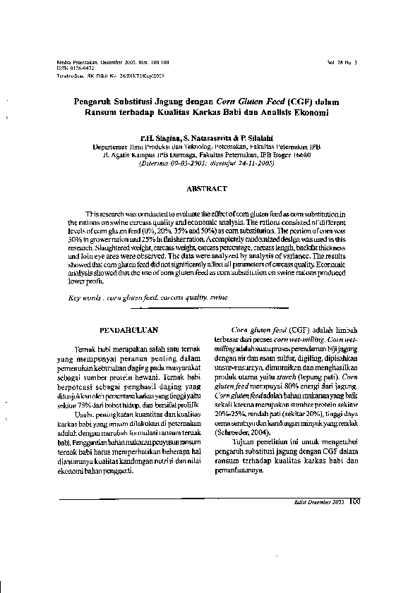 (PDF) Pengaruh Substitusi Jagung dengan Corn Gluten Feed (CGF) dalam Ransum terhadap Kualitas ...