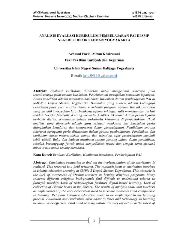 (PDF) Analisis Evaluasi Kurikulum Pembelajaran Pai DI SMP Negeri 2 ...