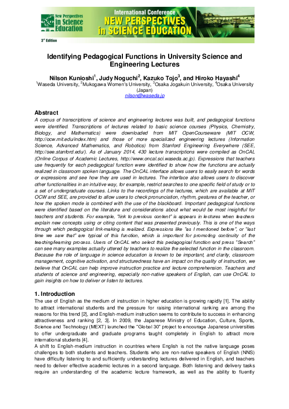 (PDF) Identifying Pedagogical Functions in University Science and ...