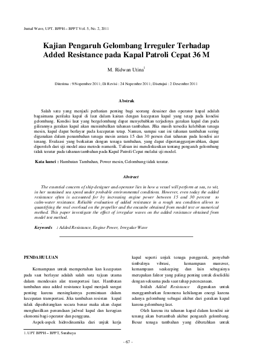 (PDF) Kajian Pengaruh Gelombang Irreguler Terhadap Added Resistance pada Kapal Patroli Cepat 36 M