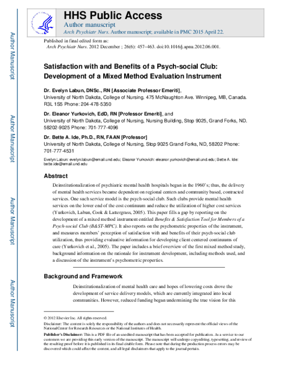Pdf Satisfaction With And Benefits Of A Psych Social Club Development Of A Mixed Method